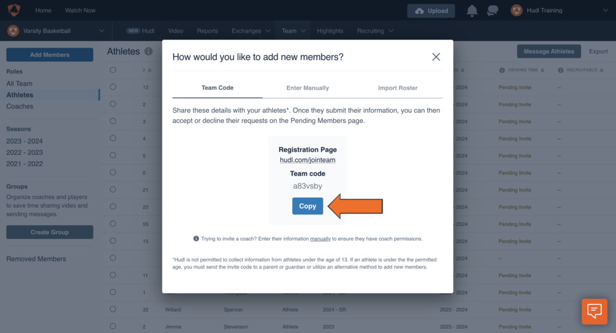 Add Athletes with Invite Codes • Hudl Support